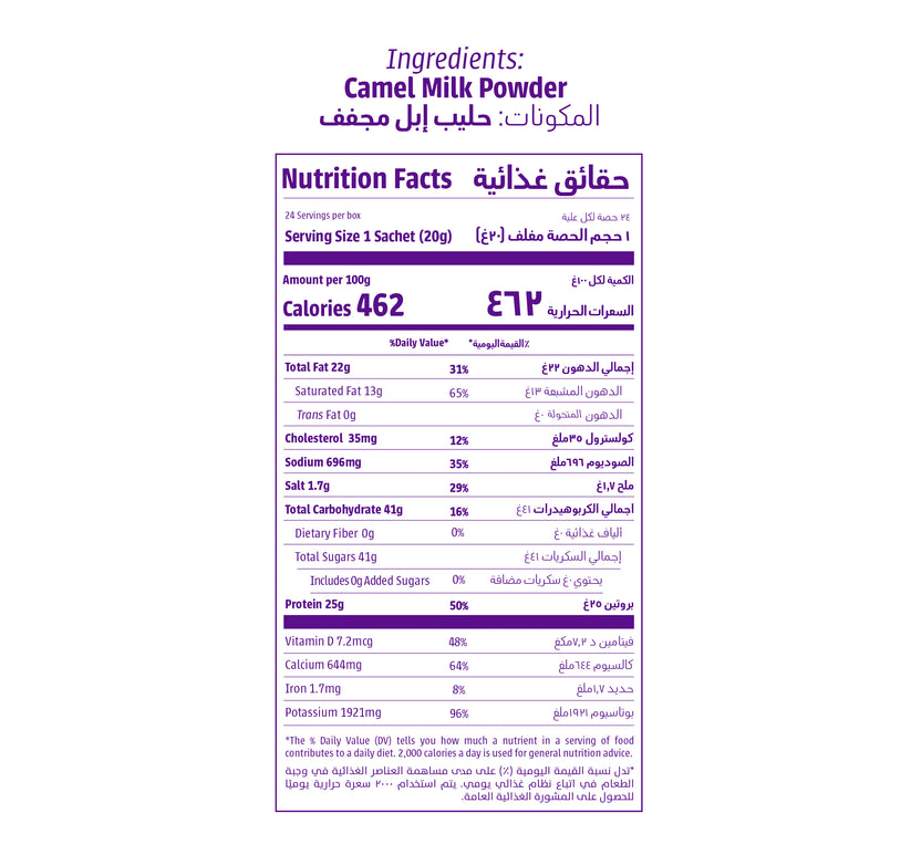 Whole Camel Milk Powder 20gm x 24 sachets - Pure Nutrition ...